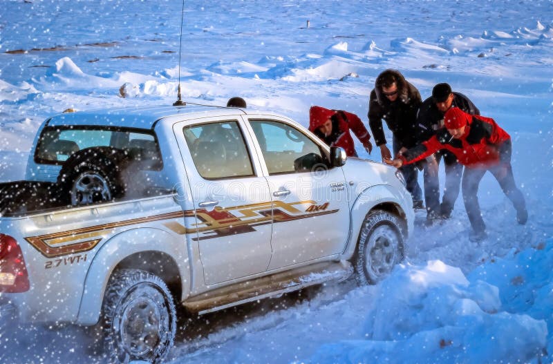 Red Pickup with Snow in Driveway Stock Image - Image of truck, parked ...