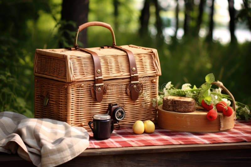 Picnic Basket and Camera on a Wooden Table Outdoors Stock Illustration ...