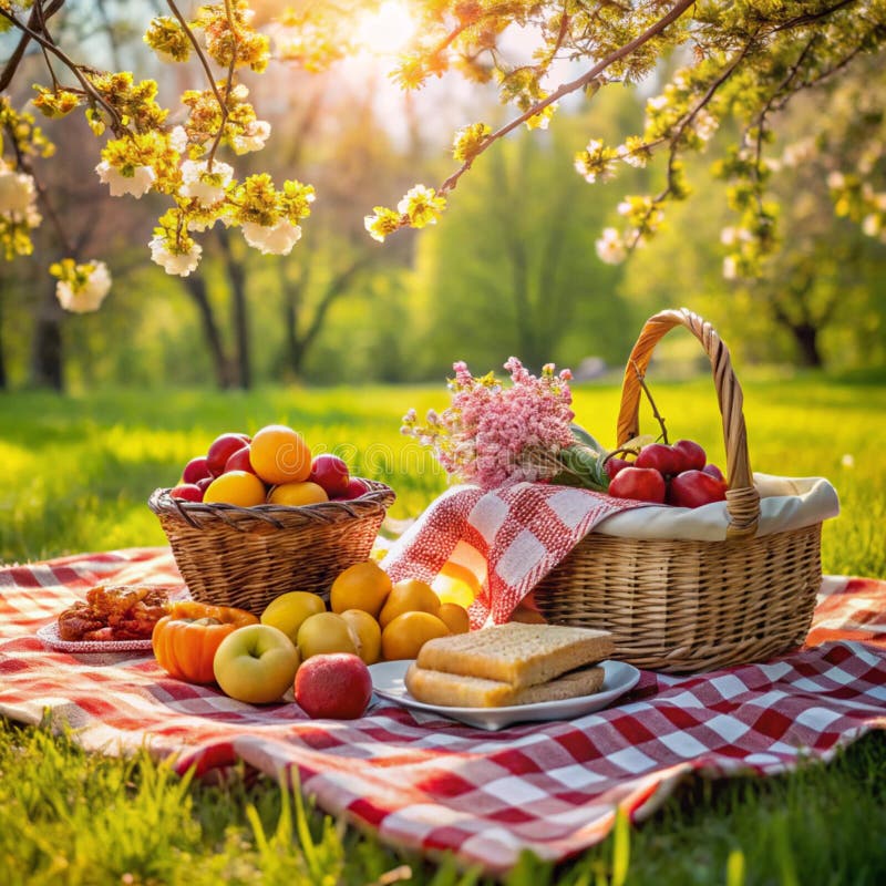 Picnic Basket Filled with Fruits and Snacks Under Blooming Trees Stock ...
