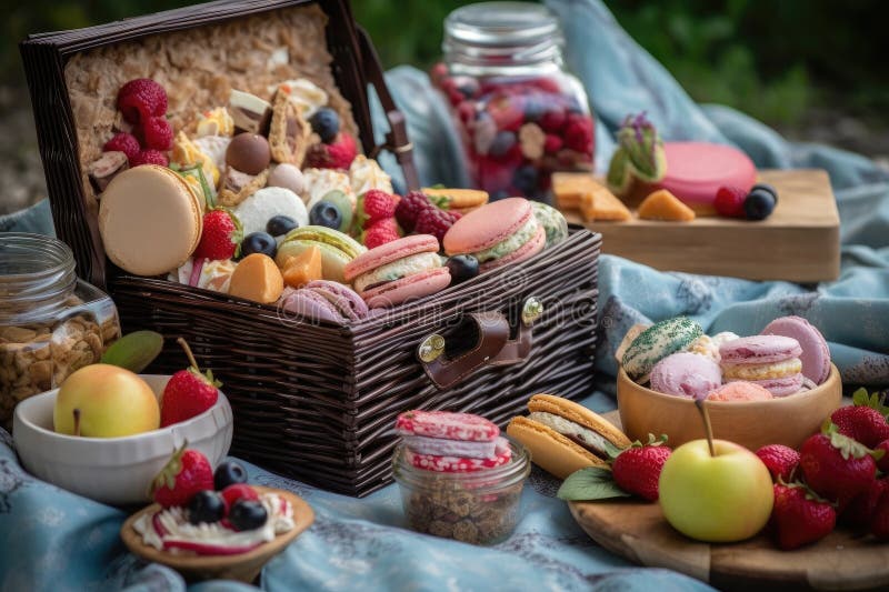 Picnic Basket Filled with Sandwiches, Fruit, and Sweets Stock Photo ...