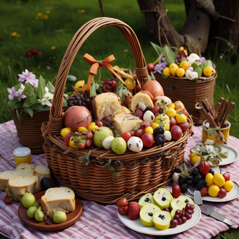 Picnic Basket with Fruit and Bread on the Grass in the Garden ...