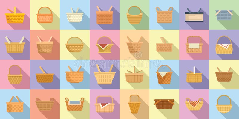 Picnic Basket Icons Set Flat Vector. Fruit Hamper Stock Illustration ...