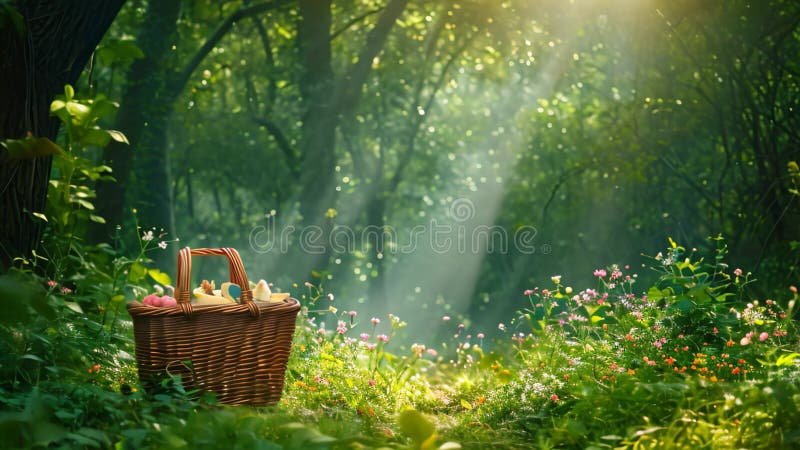 A Picnic Basket Placed on the Ground Surrounded by the Lush Greenery of ...