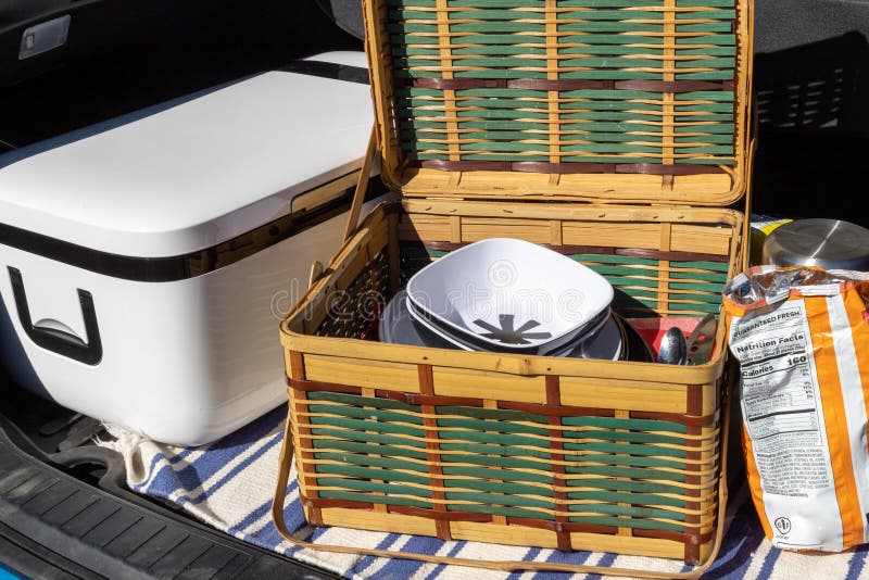 Picnic Basket with Snacks in the Trunk Boot of a Car Stock Photo ...