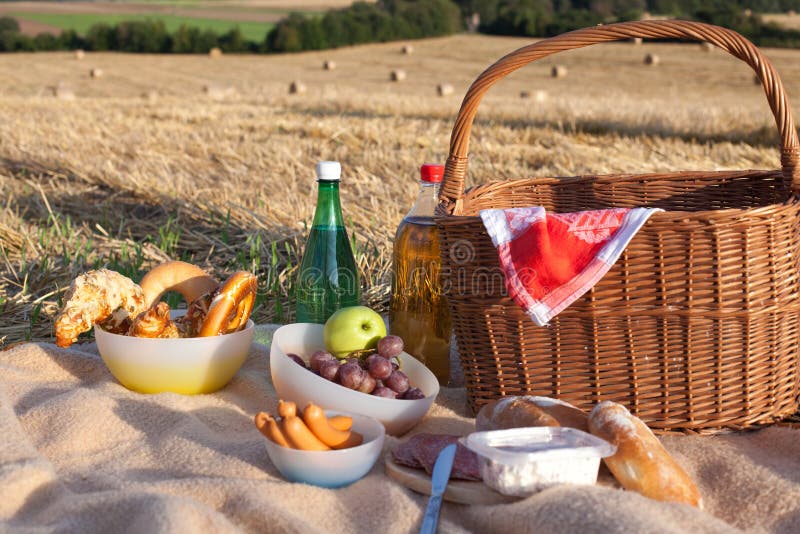 Picnic Basket Wit Food and Drinks on Field Stock Image - Image of ...