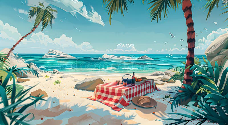 Picnic on the Beach, Digital Art Style Stock Image - Image of artwork ...
