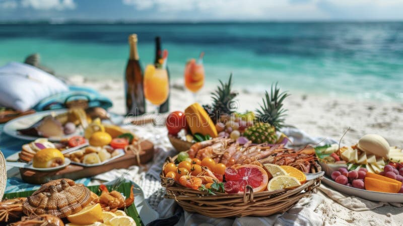 A Picnic on the Beach with the Ocean As the Backdrop Featuring a Spread ...