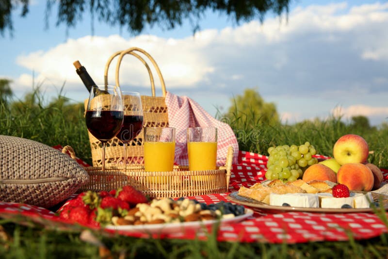Picnic Blanket with Delicious Food and Drinks on Green Grass Stock ...