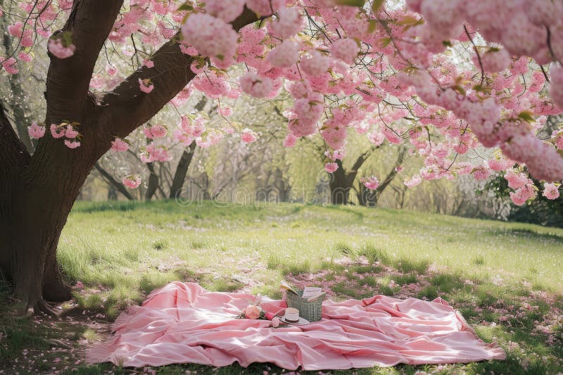 A Picnic Blanket is Laid Out on the Ground Underneath the Shade of a ...