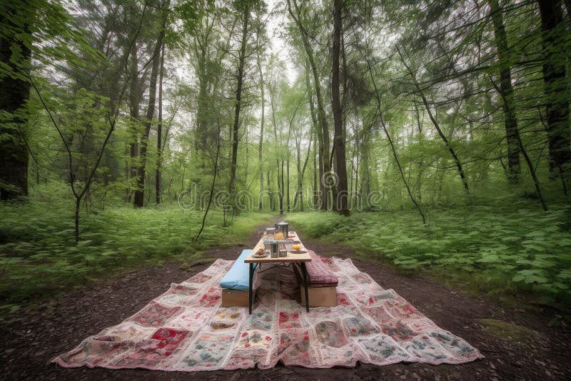 Picnic Blanket Spread Over Forest Floor, Surrounded by Towering Trees ...