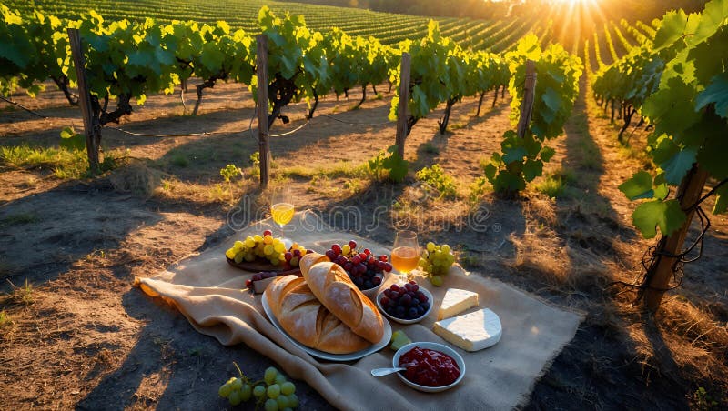 Romantic Sunset Picnic in Vineyard with Wine and Cheese Stock ...