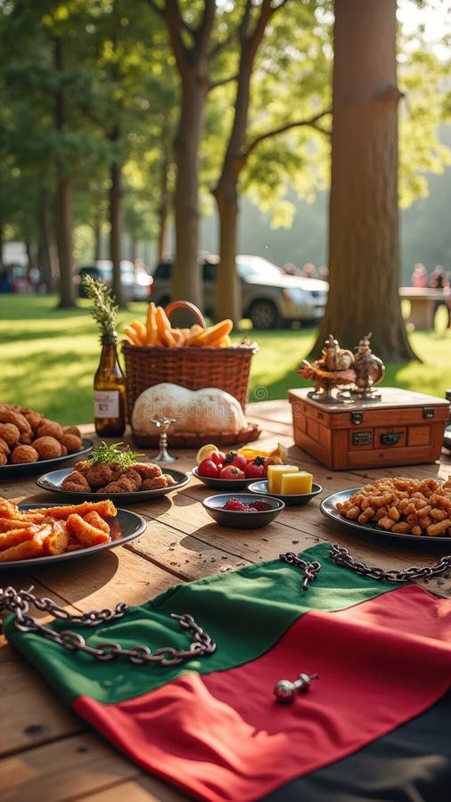 Picnic Feast with Delicious Food Spread in a Sunlit Park Setting with ...