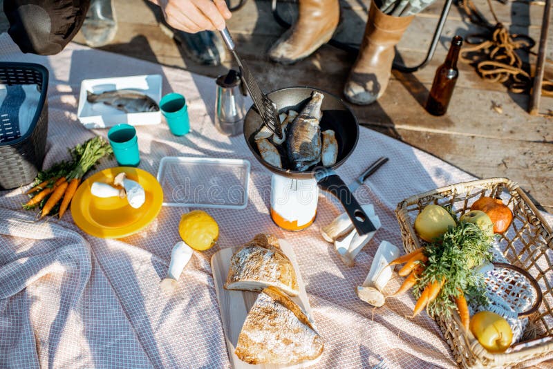 Picnic with Fish and Vegetables Stock Photo - Image of dinner, fried ...
