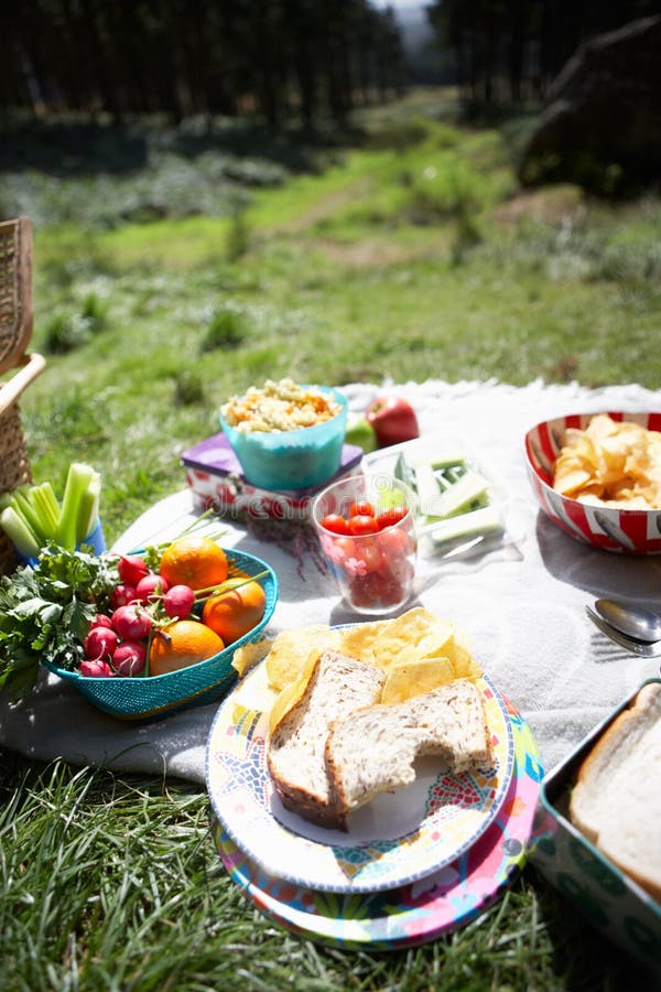 Picnic Food Laid Out on Blanket Stock Image - Image of blanket ...