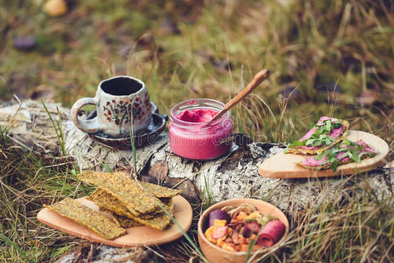 Picnic in the Forest, Eating Homemade Bread and Beetroot Dip, Drinking ...