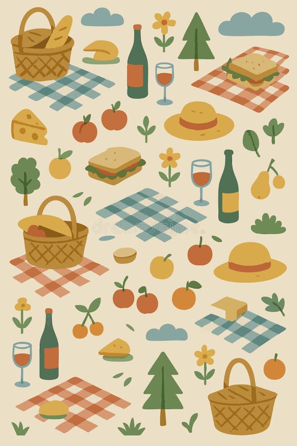 A Delightful Pattern Featuring Picnic Items Arranged on a Checkered ...