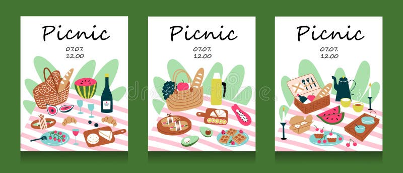 Picnic Invitation Cards, Cartoon Compositions with Blankets and Wicker ...