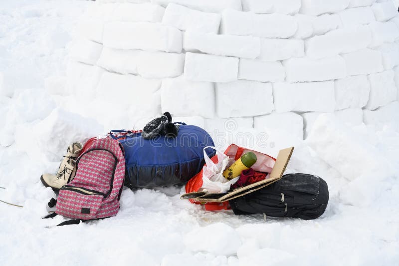 Picnic Items Near the Igloo Hut Built of Snow Bricks in Winter Stock ...