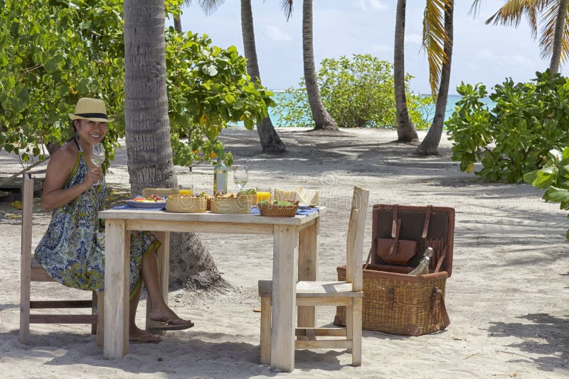 Picnic Lunch on Tropical Island Setting Stock Photo - Image of woman ...