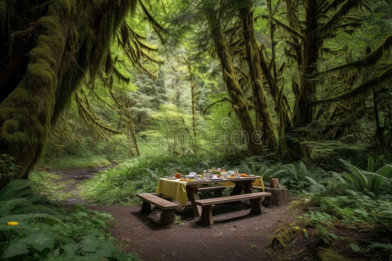 Picnic in a Lush Forest, with Towering Trees and Rushing Streams Stock ...