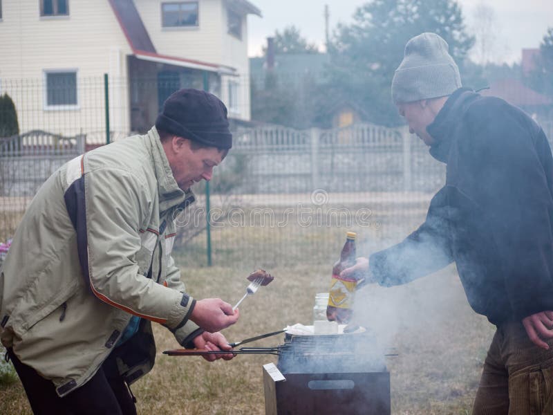 Picnic Men Cook Meat at the Stake Stock Image - Image of firewood ...
