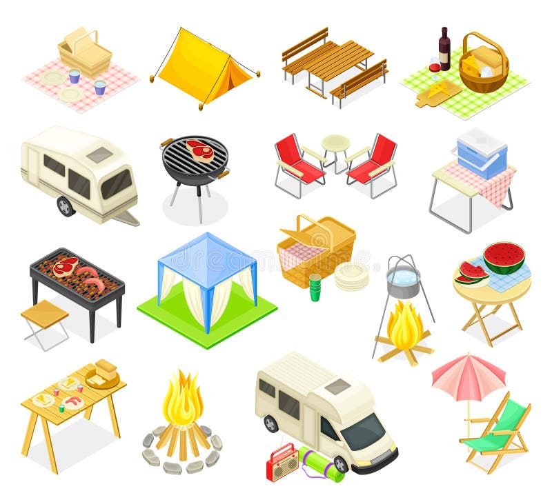 Picnic and Outdoor Eating Isometric Object and Element Big Vector Set Stock Vector ...