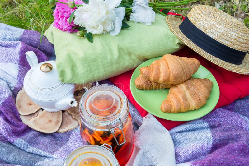 Picnic in the Outdoor with Tea and Croissants Stock Photo - Image of ...
