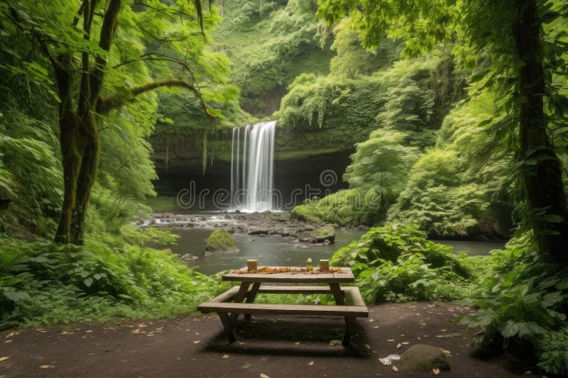 A Picnic in the Park with a View of Waterfalls, Surrounded by Greenery ...
