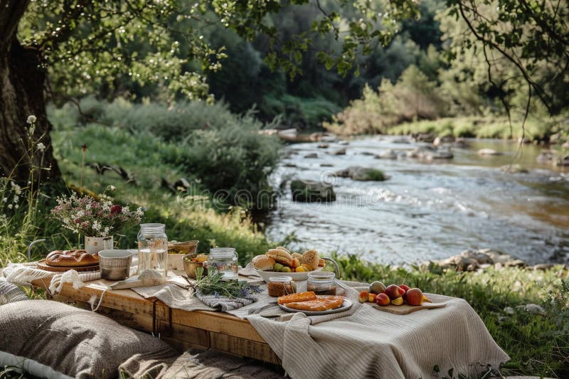 Picnic by the River in the Forest Stock Illustration - Illustration of ...