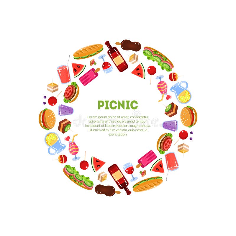 Picnic Round Colored Frame, Summer, Spring Romantic Picnic Snacks and ...