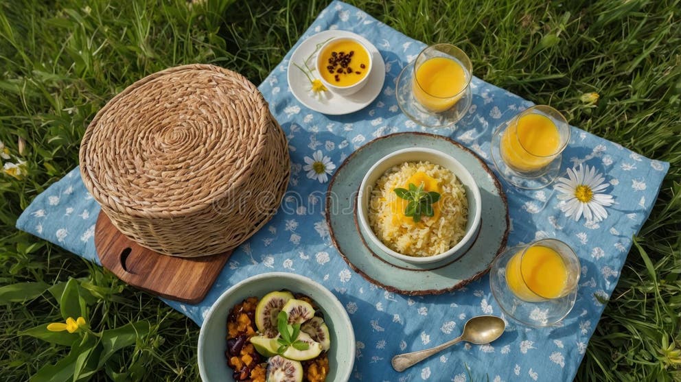 Delicious Summer Picnic: Rice Pudding, Fruit Salad, and Orange Juice on ...