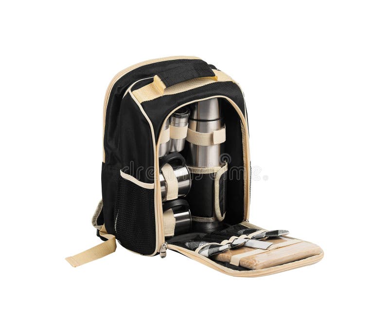 Picnic Set in Backpack Isolated on White Stock Photo - Image of plate ...