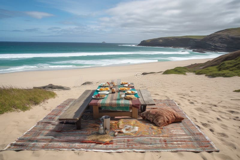 Picnic Setting on Sandy Beach with View of the Ocean Stock Illustration ...