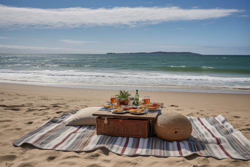 Picnic Setting on Sandy Beach with View of the Ocean Stock Photo ...
