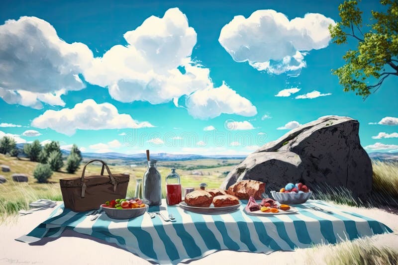 Picnic Setting on a Sunny Day with Clear Blue Skies and Fluffy White ...