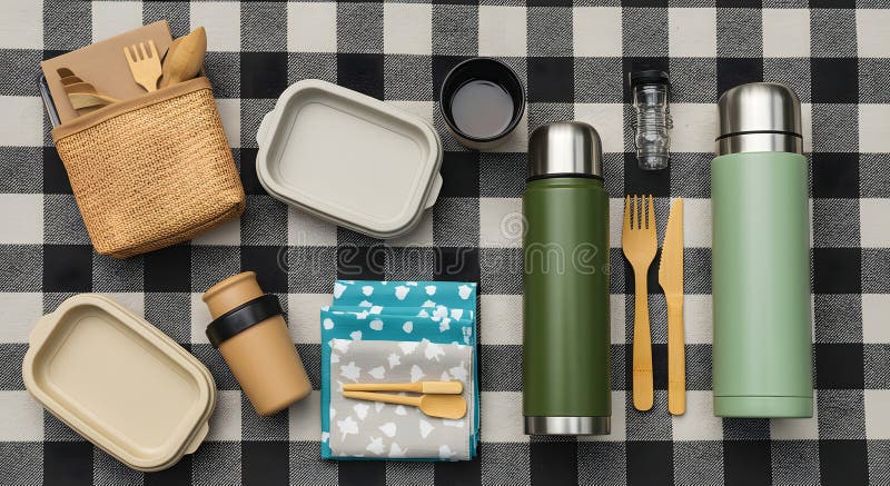Picnic Setup with Lunch Containers, Thermoses, and Utensils on ...