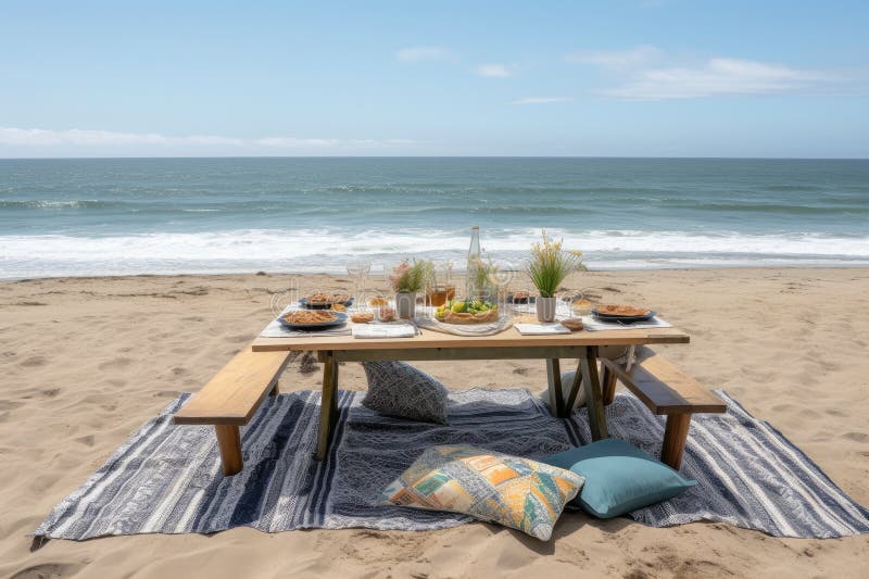 Picnic Setup at the Beach with View of the Ocean and Sand Stock ...