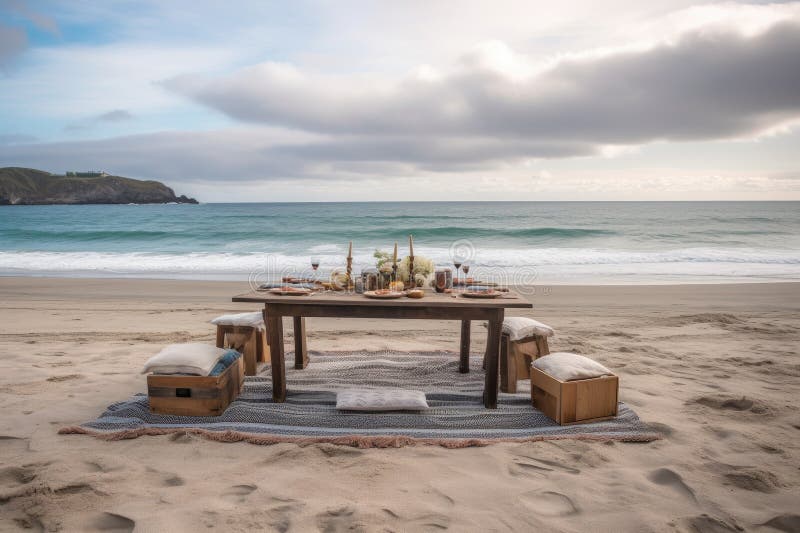 Picnic Setup at the Beach with View of the Ocean and Sand Stock ...
