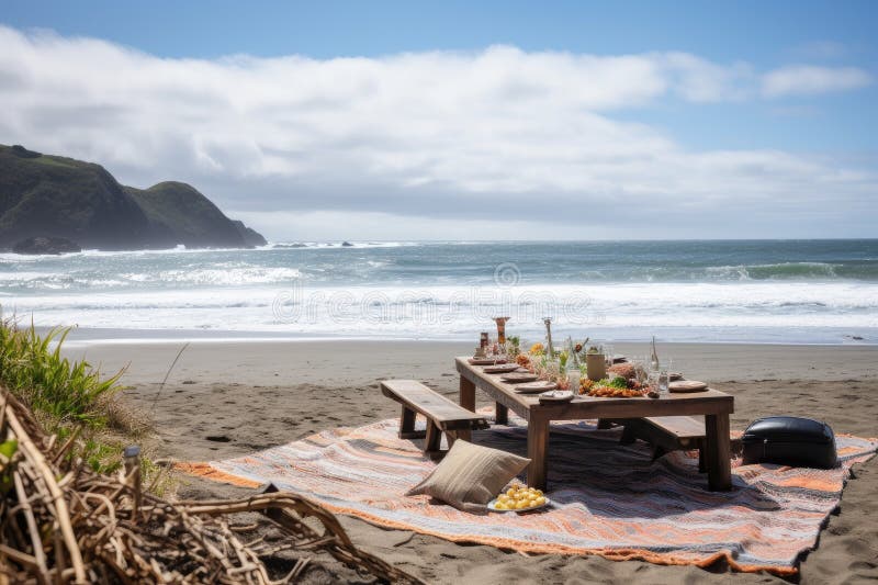 Picnic Setup on the Beach with a View of the Ocean and Waves Stock ...