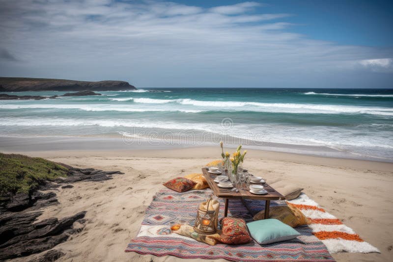 Picnic Setup on the Beach with a View of the Ocean and Waves Stock ...