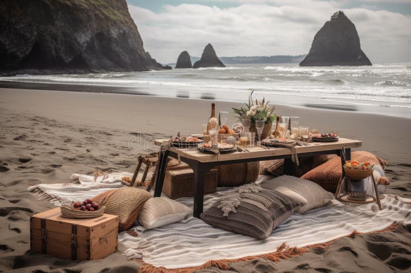 Picnic Setup on the Beach with a View of the Ocean and Waves Stock ...