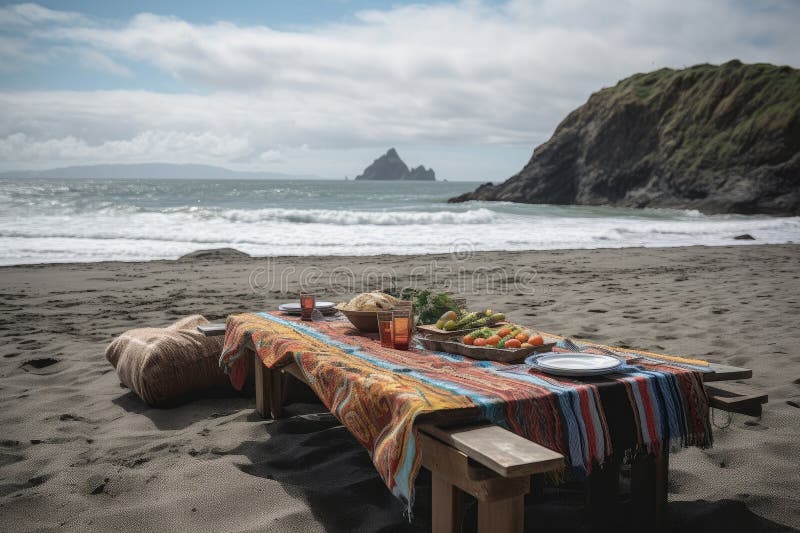Picnic Setup on the Beach with a View of the Ocean and Waves Stock ...