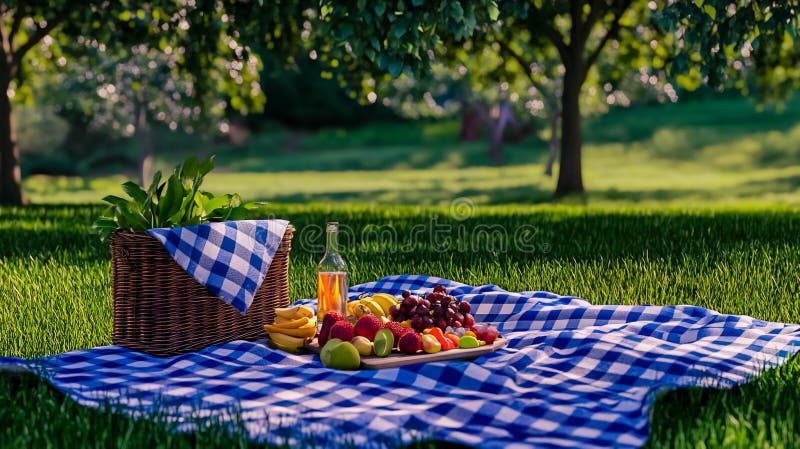 Picnic Setup on a Blue and White Checkered Blanket Spread Out in a ...