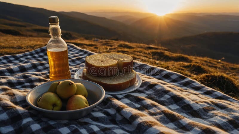 Romantic Sunset Picnic in the Mountains Stock Illustration ...