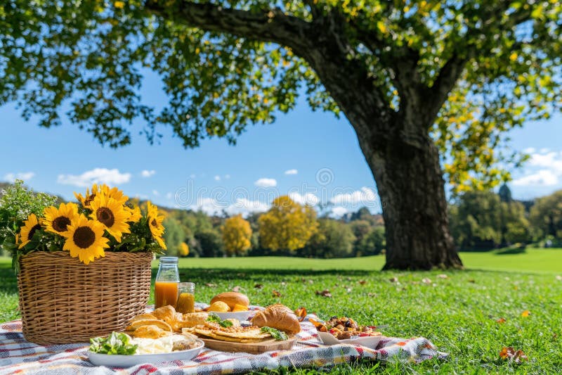 Picnic Setup with Delicious Food and Sunflowers Under Tree Stock Image ...