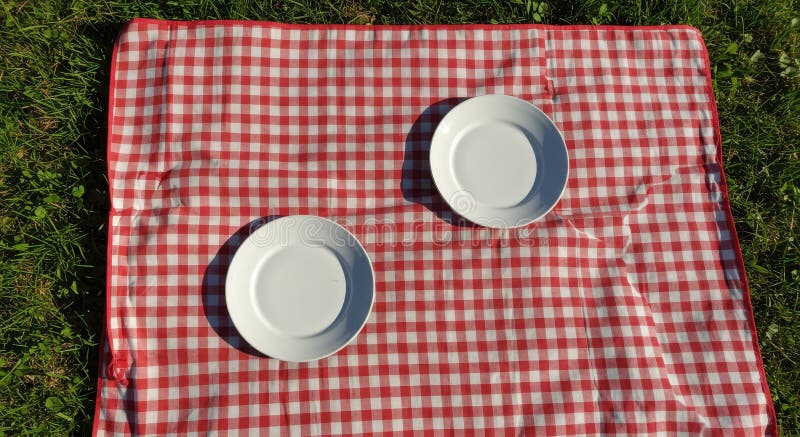 Picnic Setup with Red Checkered Cloth and Empty White Plates on Grass ...