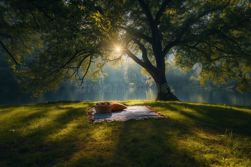Picnic Setup Under a Canopy of Trees with Dappled Sunlight Filtering ...