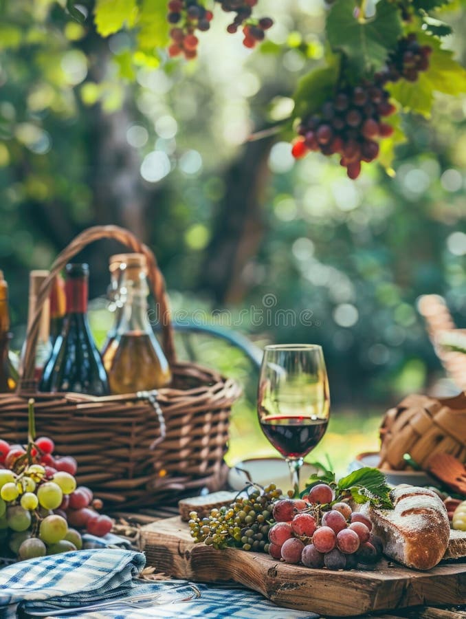 Picnic Setup with Wine Bread and Grapes Stock Photo - Image of outdoors ...