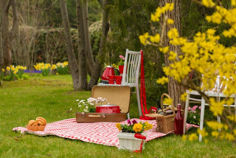 Picnic in the spring park stock image. Image of romantic - 69957013