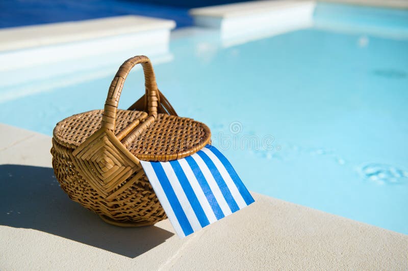 Picnic at swimming pool stock image. Image of water, basket - 40381865